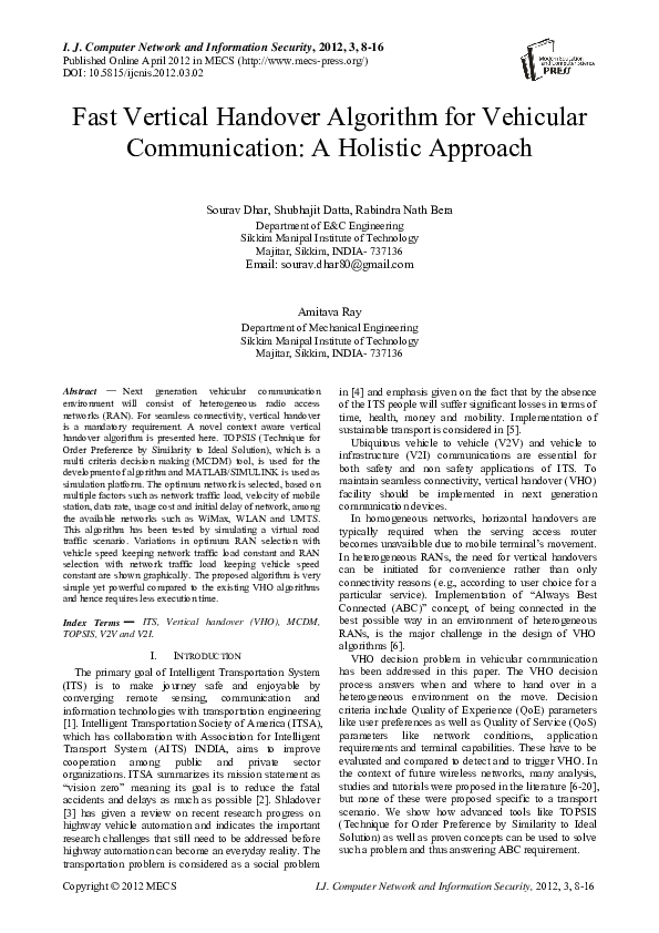 (PDF) Efficient Vertical Handover for Vehicular Networks