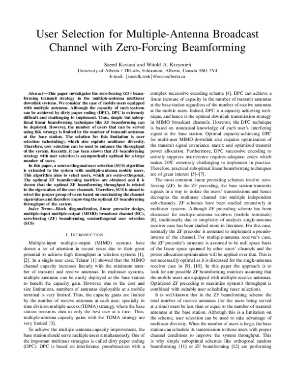(PDF) User Selection for Multiple-Antenna Broadcast Channel with Zero-Forcing Beamforming