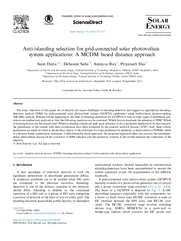 Pdf Anti Islanding Selection For Grid Connected Solar Photovoltaic System Applications A Mcdm