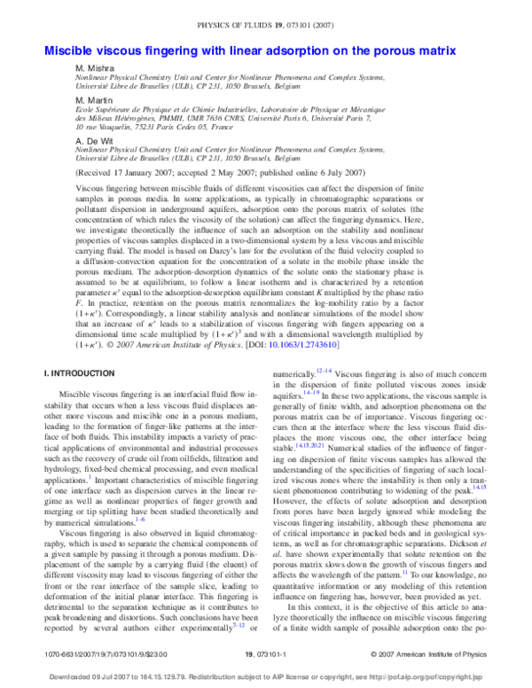 Pdf Miscible Viscous Fingering With Linear Adsorption On The Porous