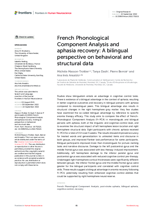 (PDF) French Phonological Component Analysis and aphasia recovery: A ...