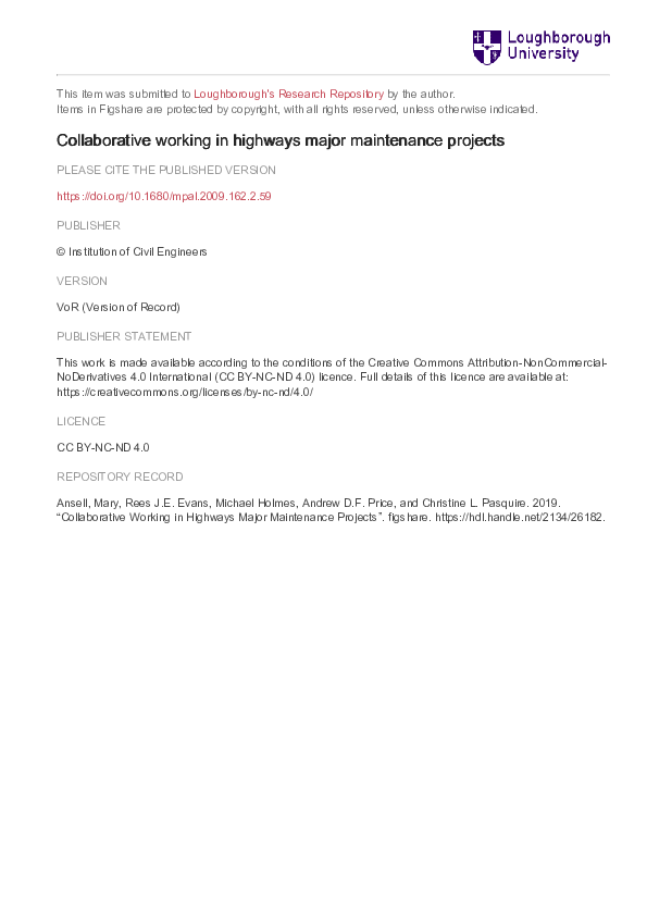 (PDF) Collaborative working in highways major maintenance projects