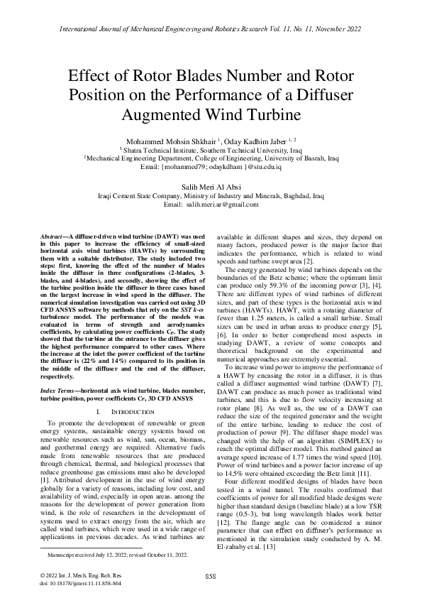 (PDF) Effect of Rotor Blades Number and Rotor Position on the Performance of a Diffuser ...