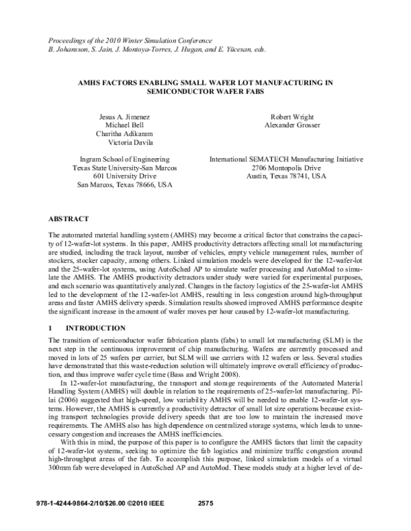 (PDF) Optimizing AMHS for Small Wafer Lot Manufacturing