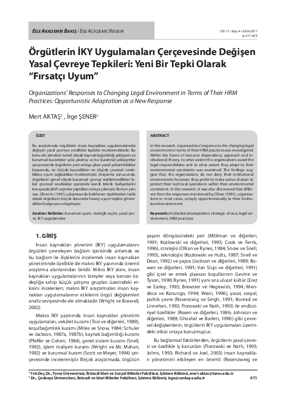 (PDF) Orgutlerin IKY Uygulamalari Cercevesinde Degisen Yasal Cevreye Tepkileri: Yeni Bir Tepki ...