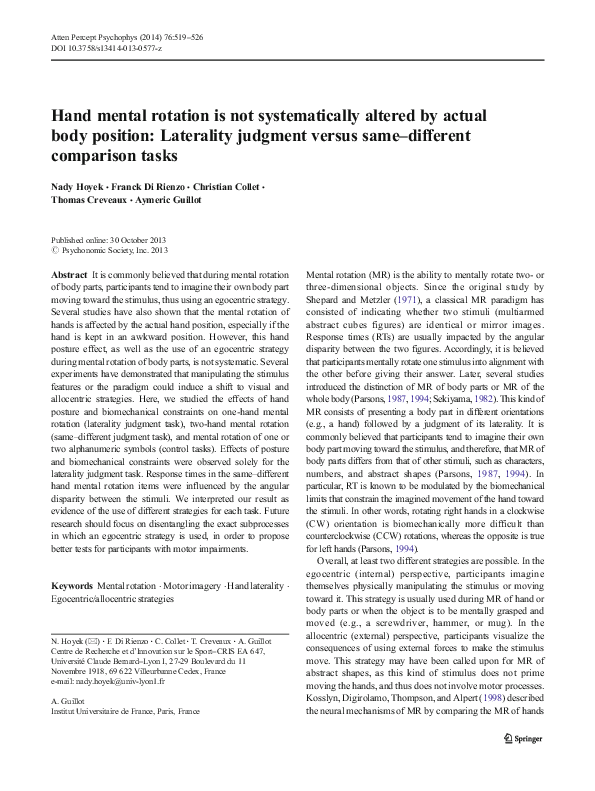 (PDF) Hand mental rotation is not systematically altered by actual body ...