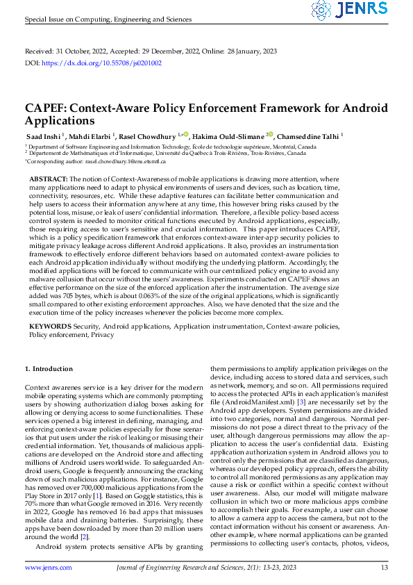 Pdf Capef Context Aware Policy Enforcement Framework For Android