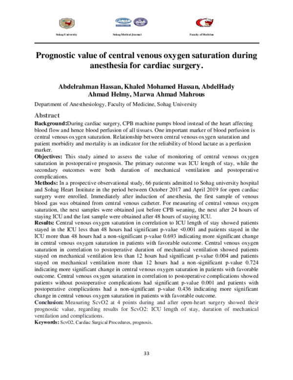 (PDF) Prognostic value of central venous oxygen saturation during anesthesia for cardiac surgery