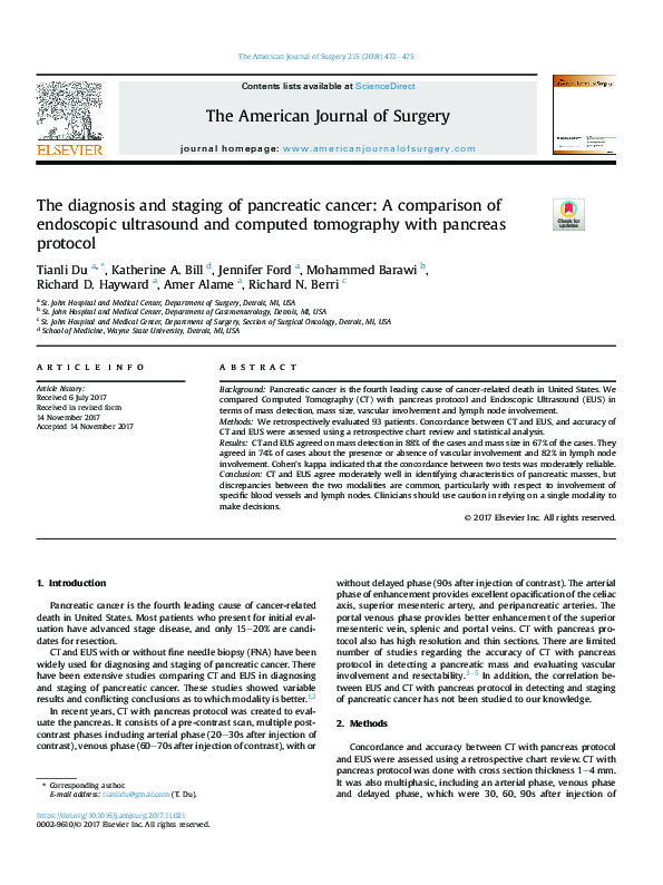 (PDF) The diagnosis and staging of pancreatic cancer: A comparison of endoscopic ultrasound and ...