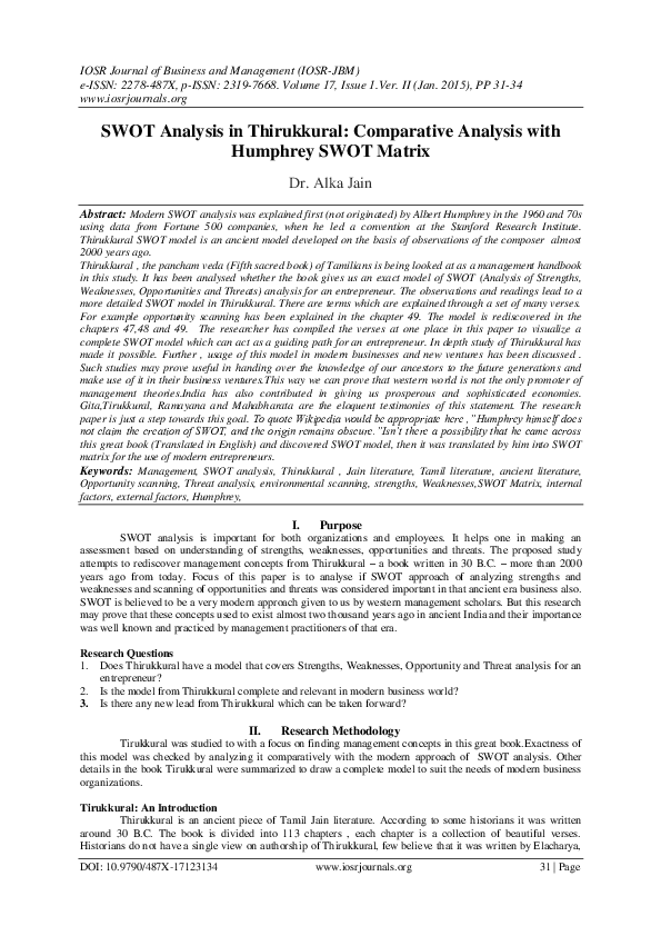 (PDF) SWOT Analysis in Thirukkural: Comparative Analysis with Humphrey ...
