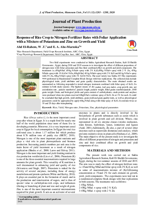(PDF) Response of Rice Crop to Nitrogen Fertilizer Rates with Foliar ...