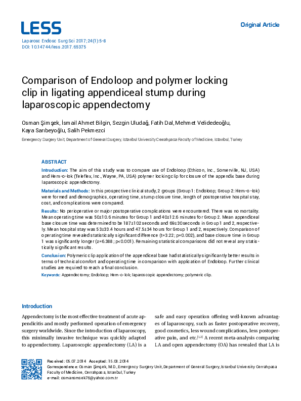 (PDF) Laparoskopik Apendektomide Apendiks Güdüğü Kapatılmasında Polimer ...
