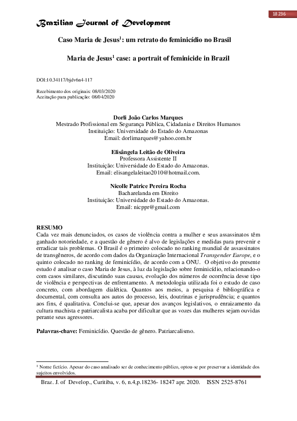 (PDF) Caso Maria de Jesus : um retrato do feminicídio no Brasil
