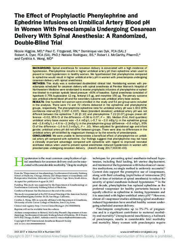 (PDF) The Effect of Prophylactic Phenylephrine and Ephedrine Infusions on Umbilical Artery Blood ...