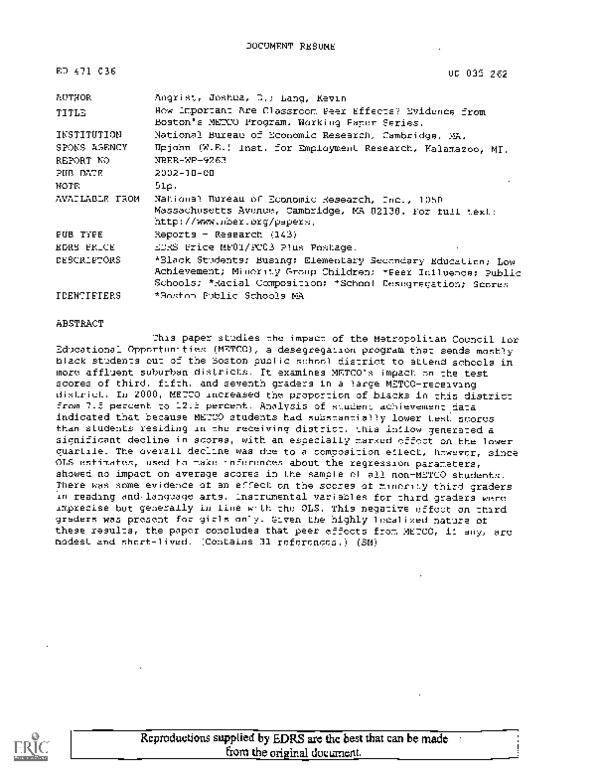 (PDF) How Important are Classroom Peer Effects? Evidence from Boston's ...