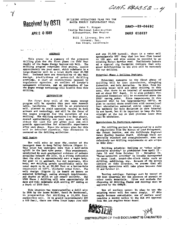 (PDF) Drilling operations plan for the Magma Energy Exploratory Well