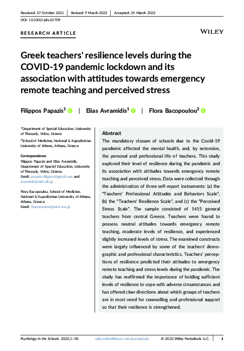 (PDF) Greek teachers' resilience levels during the COVID‐19 pandemic ...