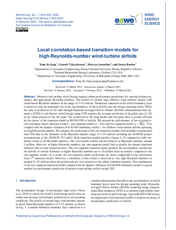 Pdf Local Correlation Based Transition Models For High Reynolds Number Wind Turbine Airfoils 