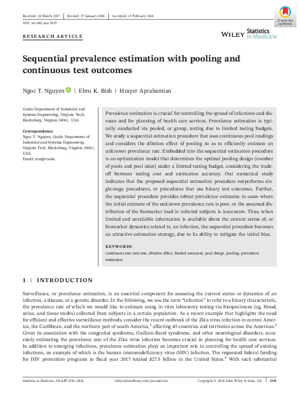 Pdf Sequential Prevalence Estimation With Pooling And Continuous Test