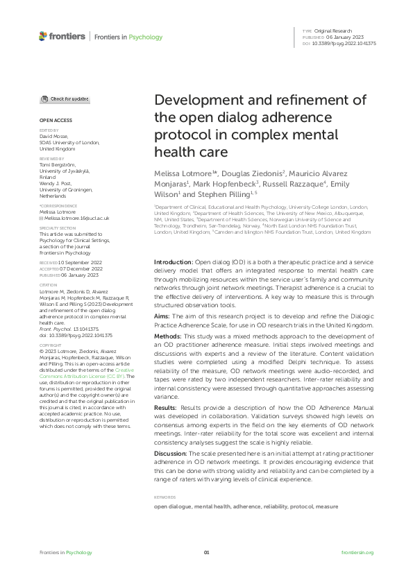 (PDF) Development and refinement of the open dialog adherence protocol in complex mental health care