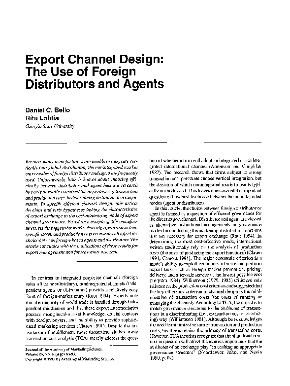 (PDF) Export Channel Design: The Use of Foreign Distributors and Agents