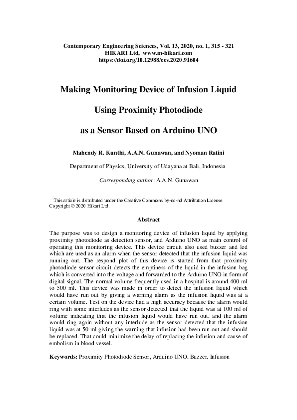 Pdf Making Monitoring Device Of Infusion Liquid Using Proximity Photodiode As A Sensor Based