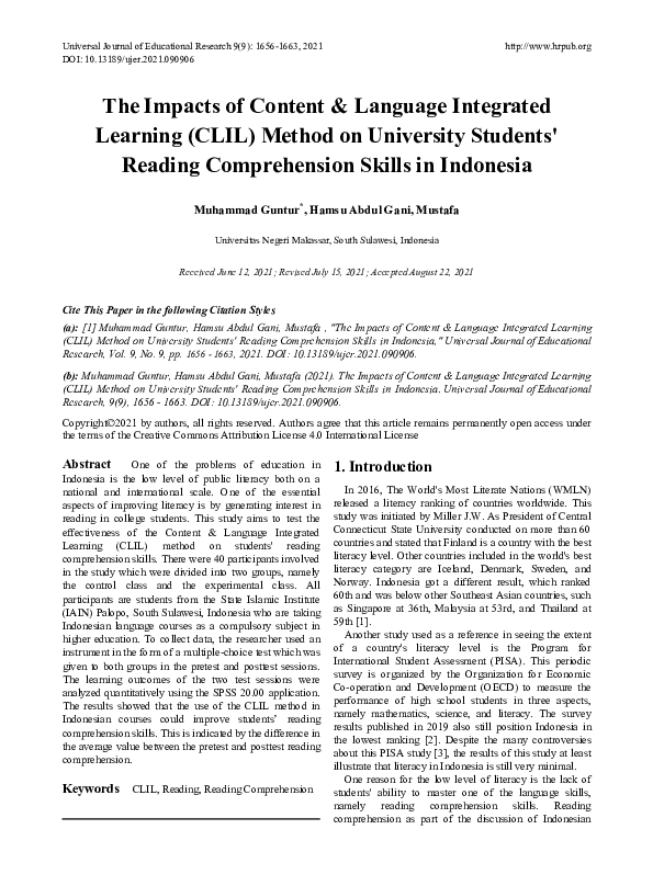 (PDF) The Impacts of Content & Language Integrated Learning (CLIL) Method on University Students ...