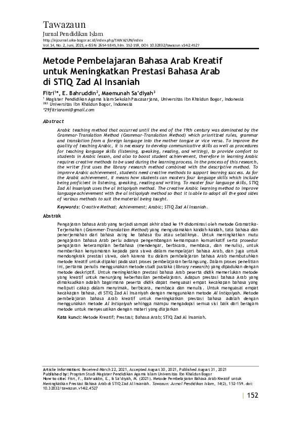 (PDF) Metode Pembelajaran Bahasa Arab Kreatif untuk Meningkatkan Prestasi Bahasa Arab di STIQ ...