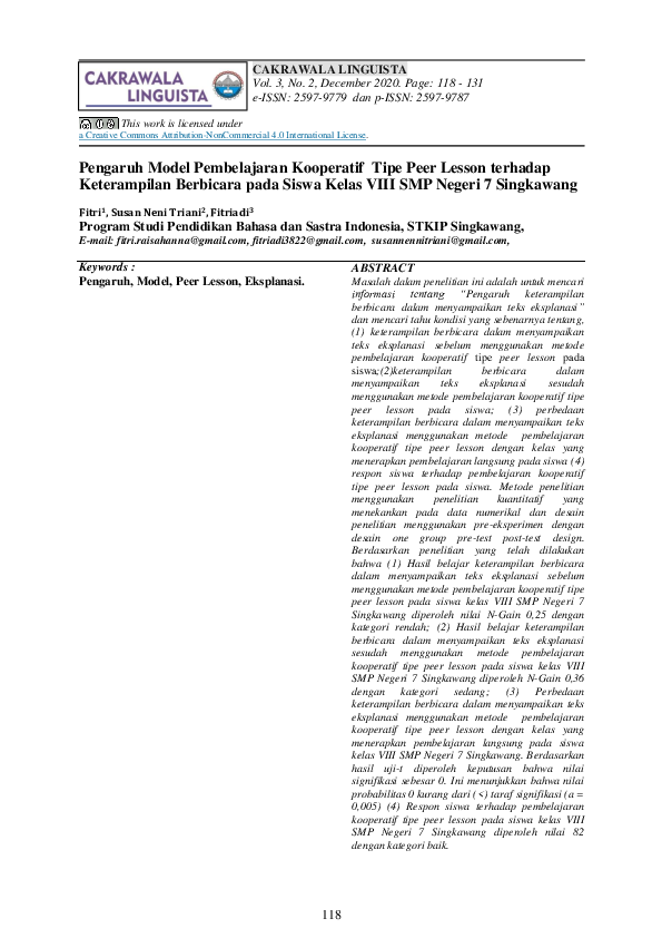 (PDF) Pengaruh Model Pembelajaran Kooperatif Tipe Peer Lesson Terhadap Keterampilan Berbicara ...