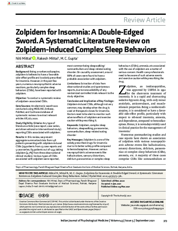 Zolpidem for Insomnia: A Double-Edged Sword. A Systematic Literature ...