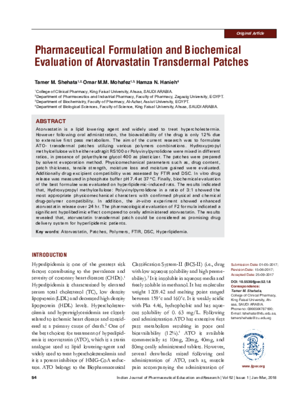 (PDF) Pharmaceutical Formulation and Biochemical Evaluation of Atorvastatin Transdermal Patches