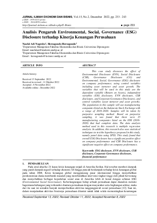 (PDF) Analisis Pengaruh Environment, Social, Governance (ESG) Disclosure Terhadap Kinerja ...