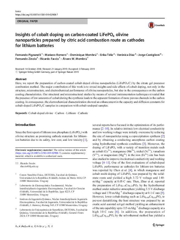 (PDF) Insights of cobalt doping on carbon-coated LiFePO4 olivine nanoparticles prepared by ...