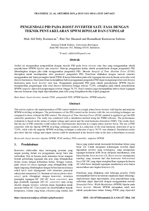 (PDF) Pengendali Pid Pada Boost Inverter Satu Fasa Dengan Teknik Penyakelaran SPWM Bipolar Dan ...