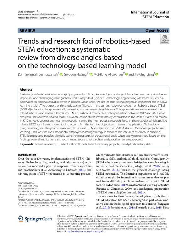 (PDF) Trends and research foci of robotics-based STEM education: a systematic review from ...