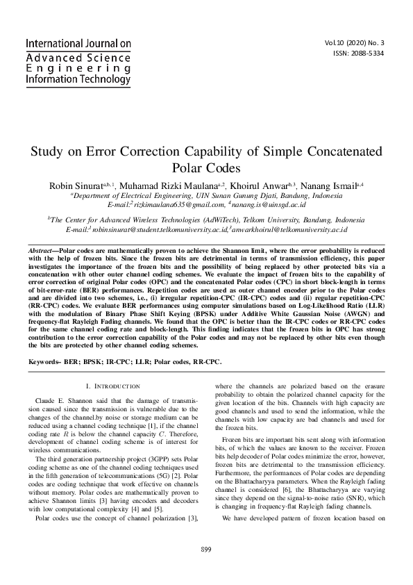 (PDF) Study on Error Correction Capability of Simple Concatenated Polar Codes