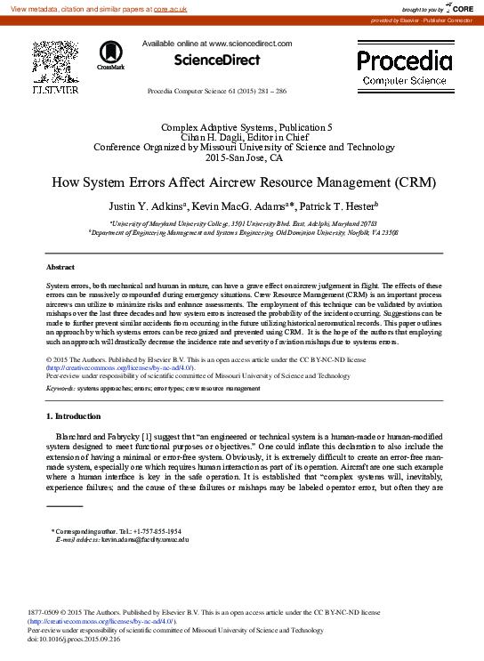 (PDF) How System Errors Affect Aircrew Resource Management (CRM)