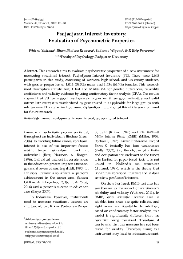 (PDF) Padjadjaran Interest Inventory: Evaluation of Psychometric Properties