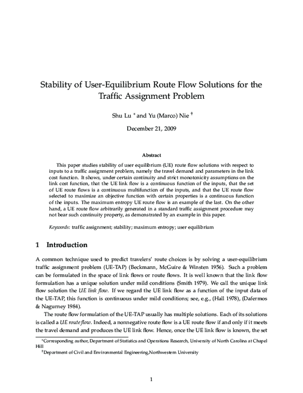(PDF) Stability of user-equilibrium route flow solutions for the traffic assignment problem