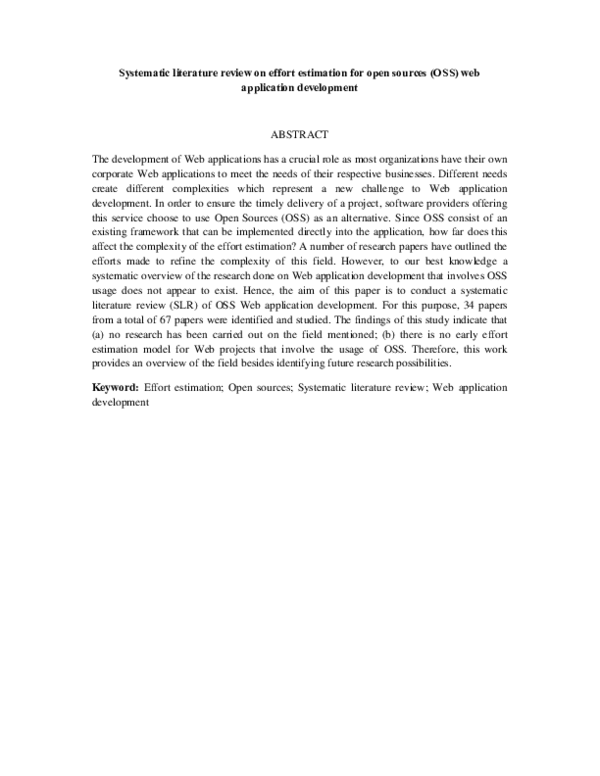 Pdf Systematic Literature Review On Effort Estimation For Open Sources Oss Web Application