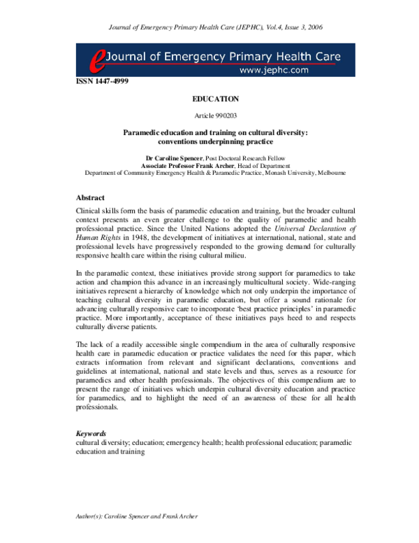 (PDF) Paramedic Education and Training on Cultural Diversity ...
