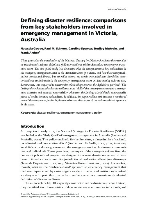 (PDF) Defining disaster resilience: comparisons from key stakeholders ...