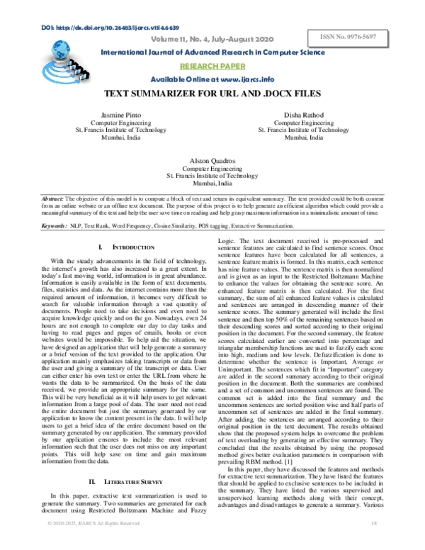 (PDF) Text Summarizer for Url and .DOCX Files