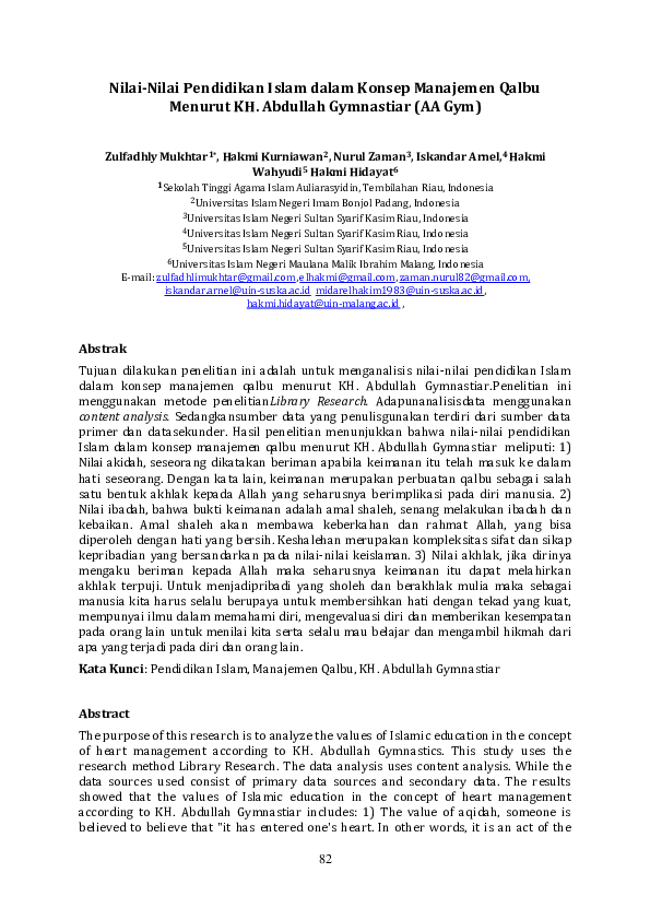 (PDF) Nilai-Nilai Pendidikan Islam dalam Konsep Manajemen Qalbu Menurut KH. Abdullah Gymnastiar ...