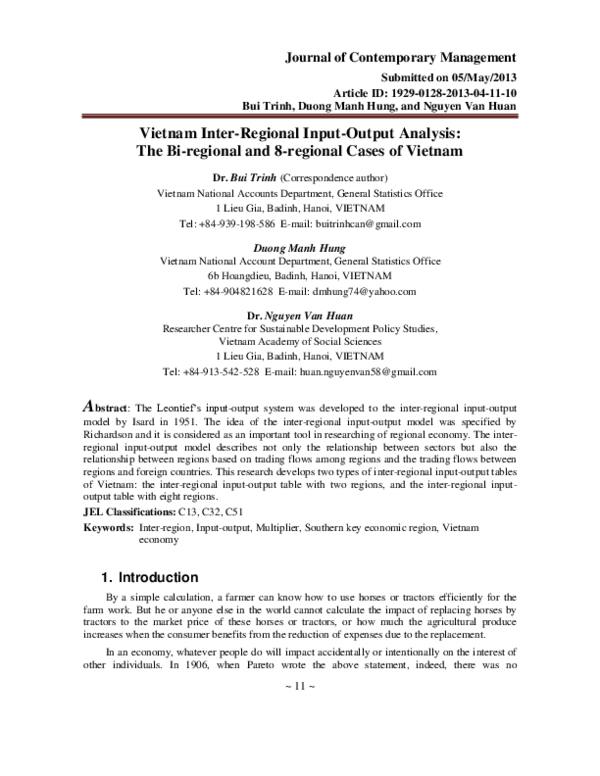 (PDF) Vietnam Inter-Regional Input-Output Analysis: The Bi-regional and ... (PDF) Vietnam Inter-Regional Input-Output Analysis: The Bi-regional and ...