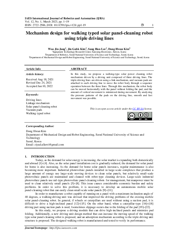 (PDF) Mechanism design for walking typed solar panel-cleaning robot using triple driving lines