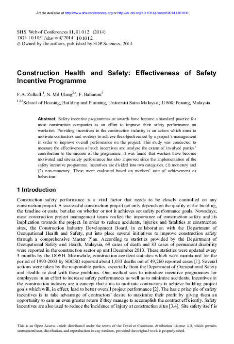 (PDF) Construction Health and Safety: Effectiveness of Safety Incentive Programme
