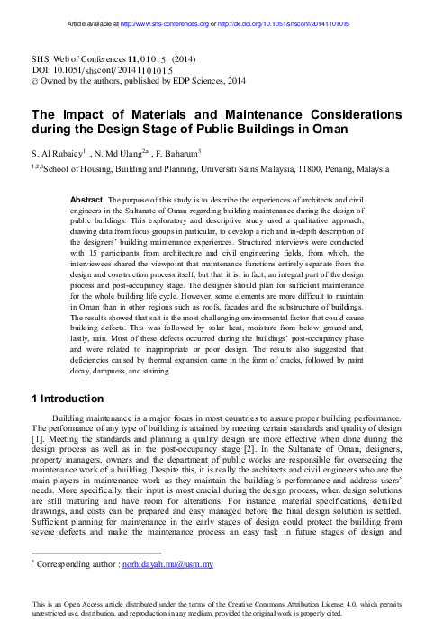 (PDF) The Impact of Materials and Maintenance Considerations during the ...