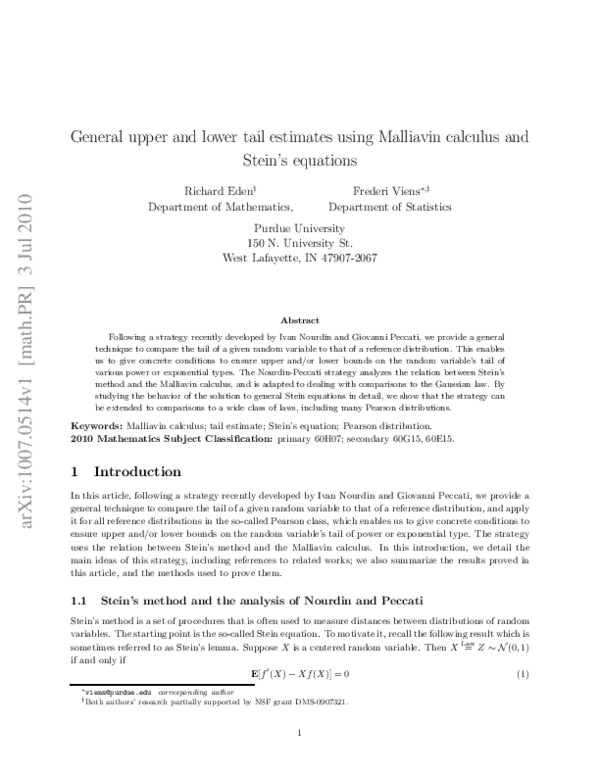 (PDF) General Upper and Lower Tail Estimates Using Malliavin Calculus ...