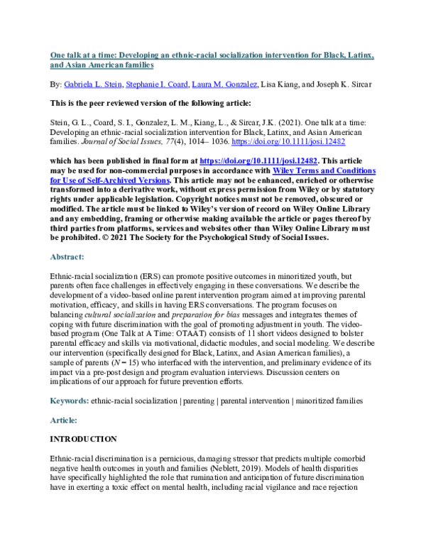 (PDF) One talk at a time: Developing an ethnic‐racial socialization ...